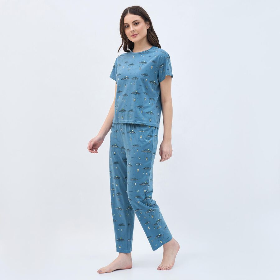 Gold Foil Women's Muted Steel Blue Round Neck Printed Night Suit ...