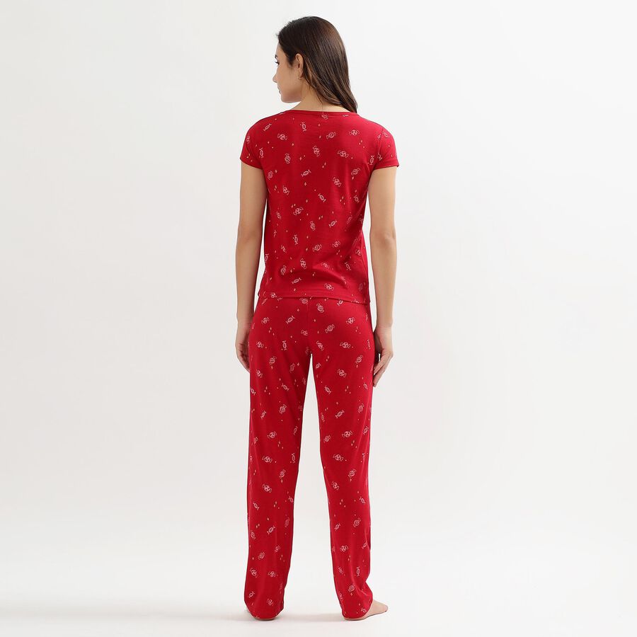 Gold Foil Women's Bright Cherry Red Round Neck Printed Night Suit ...