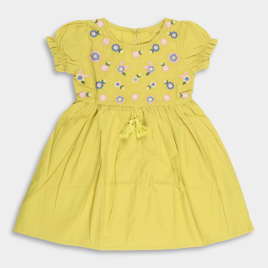 Hand Print Girls' Bright Yellow Embroidered Puff Sleeve Cotton Frock ...