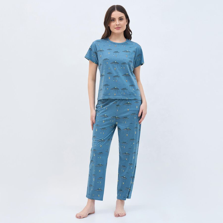 Gold Foil Women's Muted Steel Blue Round Neck Printed Night Suit ...