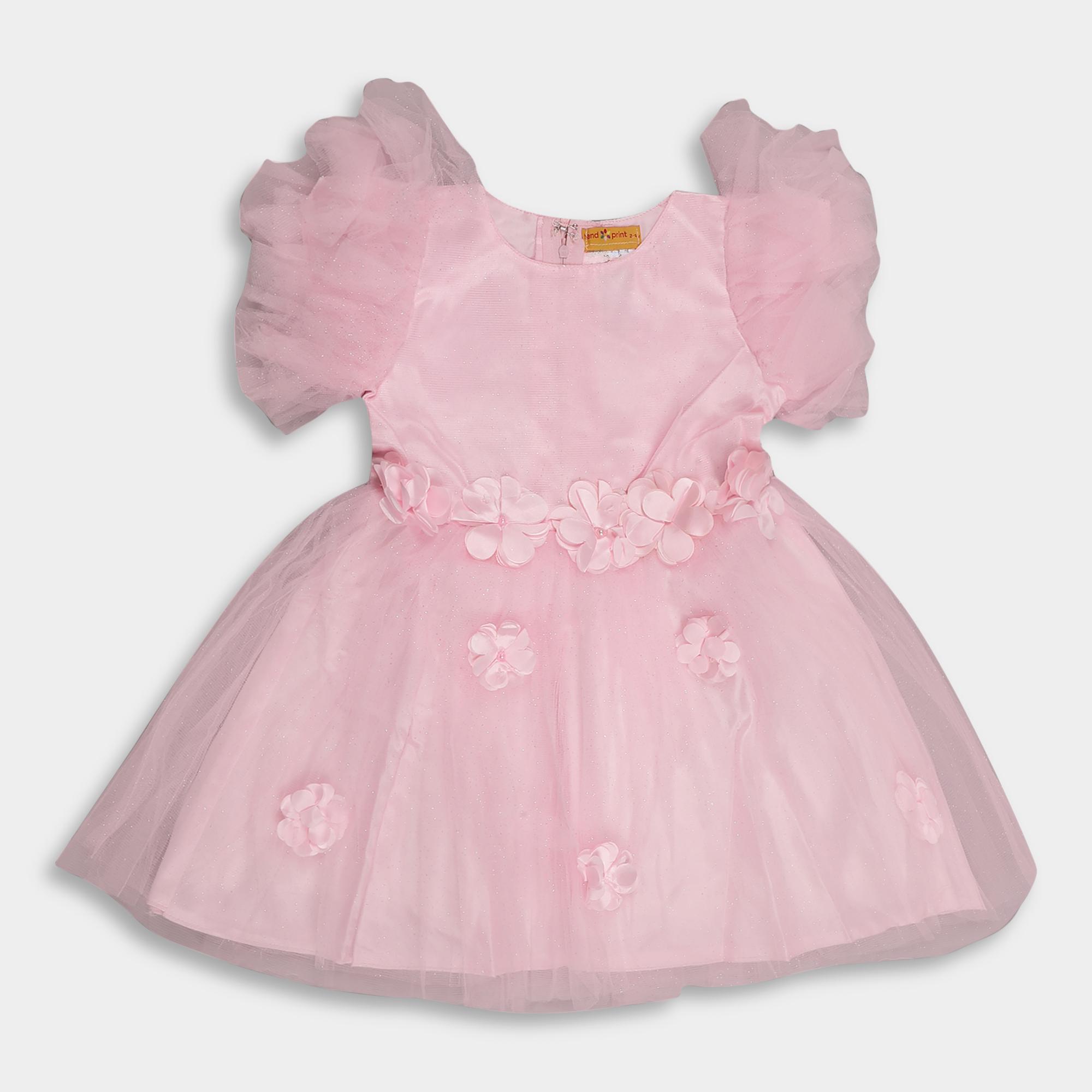 Hand Print Girls' Soft Pink Round Neck Romantic Frock | Vishal Mega ...