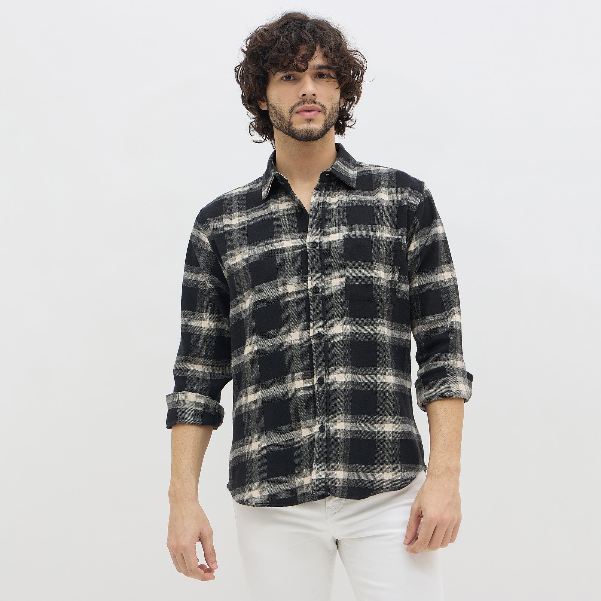 Viveza Men's Dusty Charcoal Black Plaid Spread Collar Casual Shirt ...