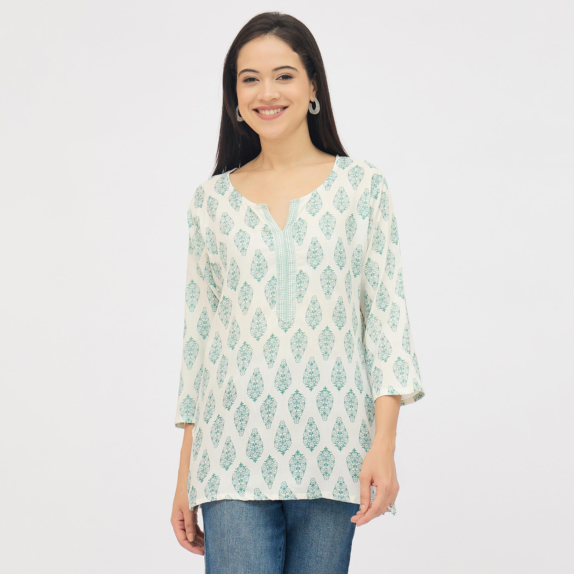 Pink Almirah Ladies' Muted Sage Green Split Neck Printed Kurti | Vishal ...