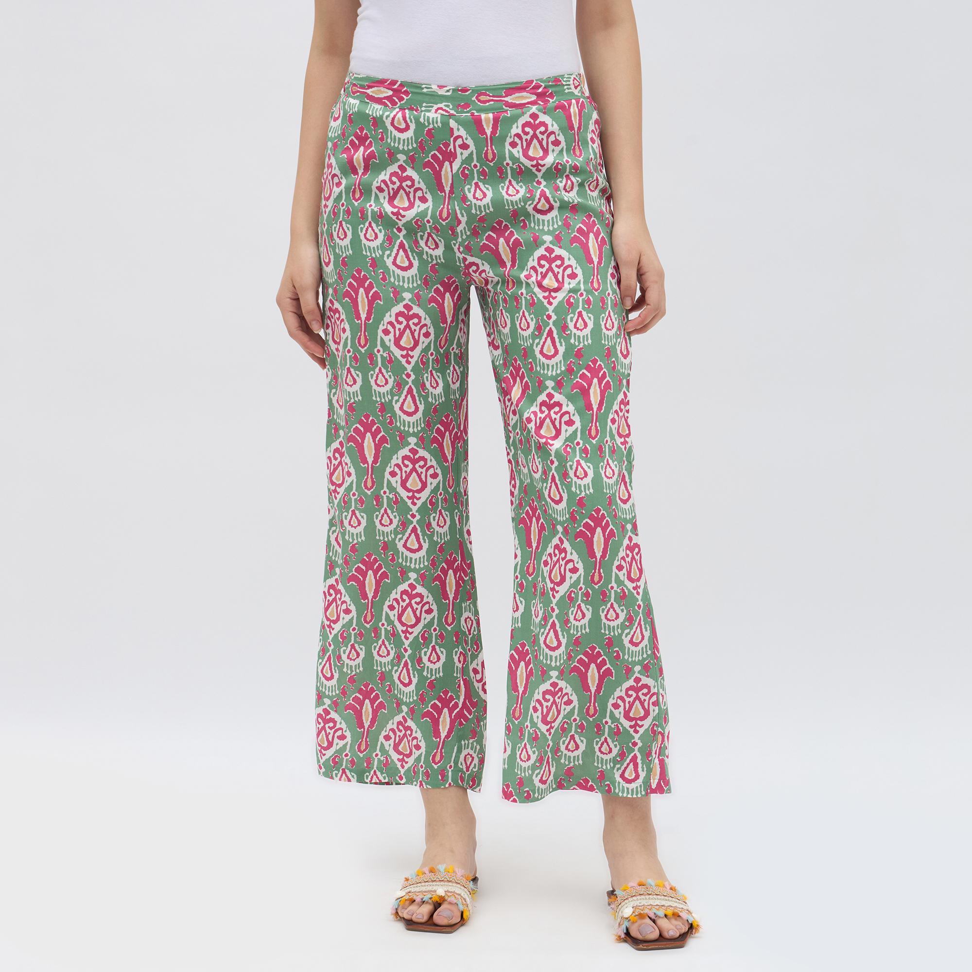 Mavie Women's Muted Sage Green and Bright Fuchsia Printed Wide-Leg ...