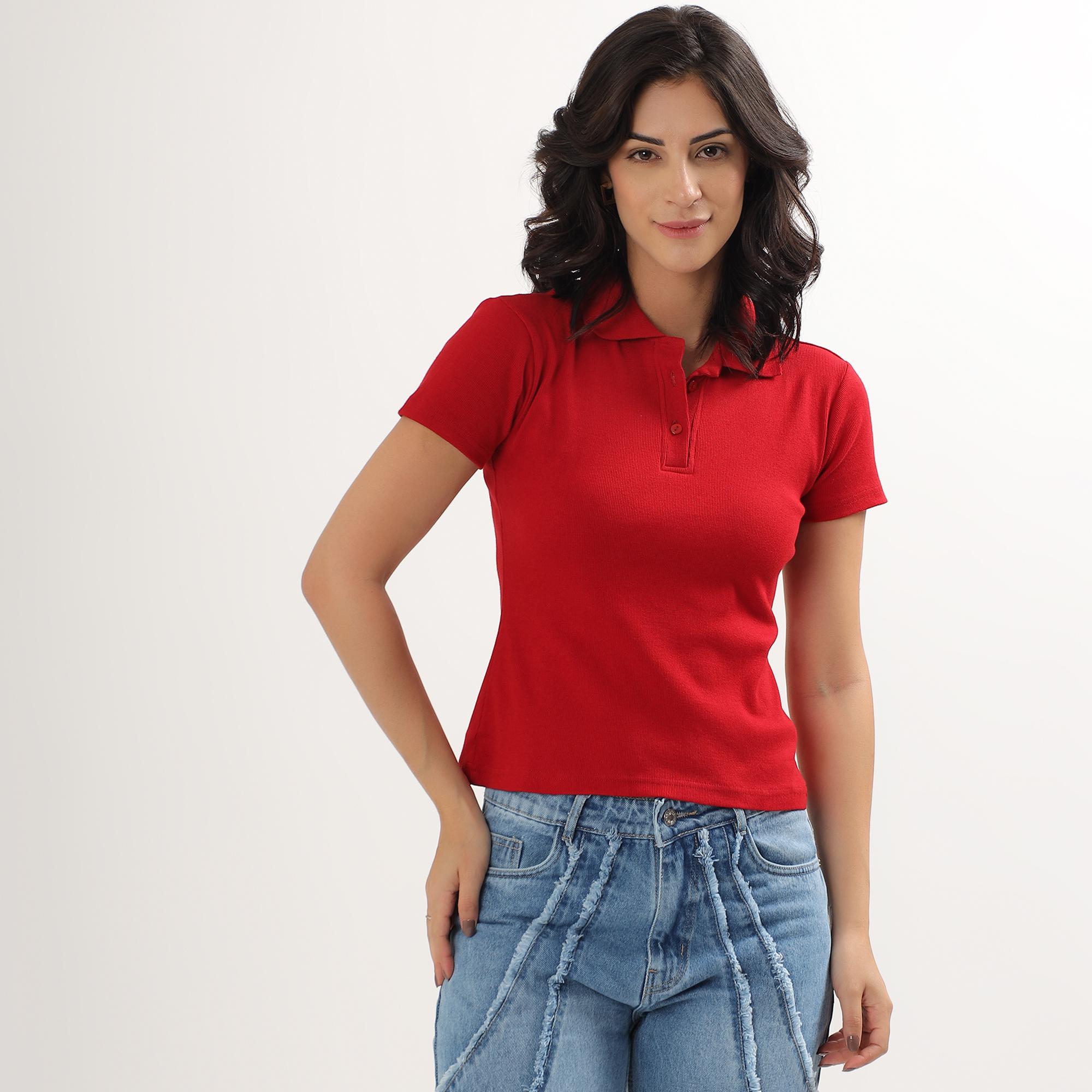Brink Women's Bright Cherry Red Polo Neck Ribbed T-Shirt | Vishal Mega ...
