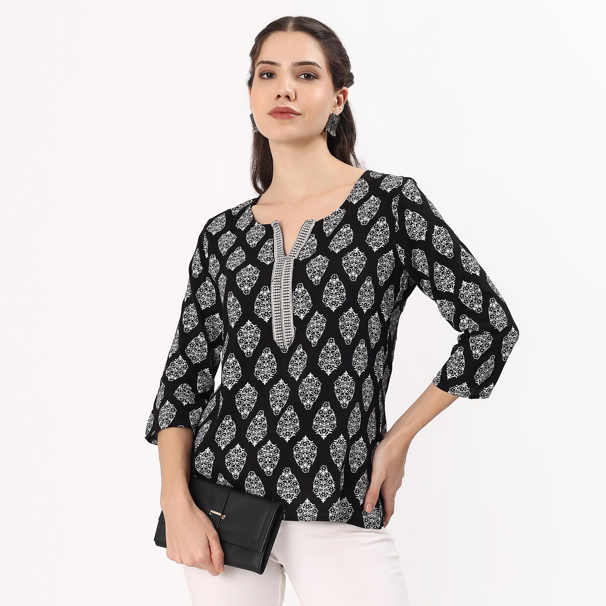 Pink Almirah Women's Black Split Neck Floral Printed Kurti | Vishal ...